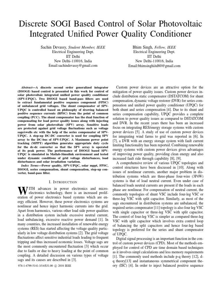 Discrete SOGI Based Control of Solar Photovoltaic INtegrated UPQC | PDF