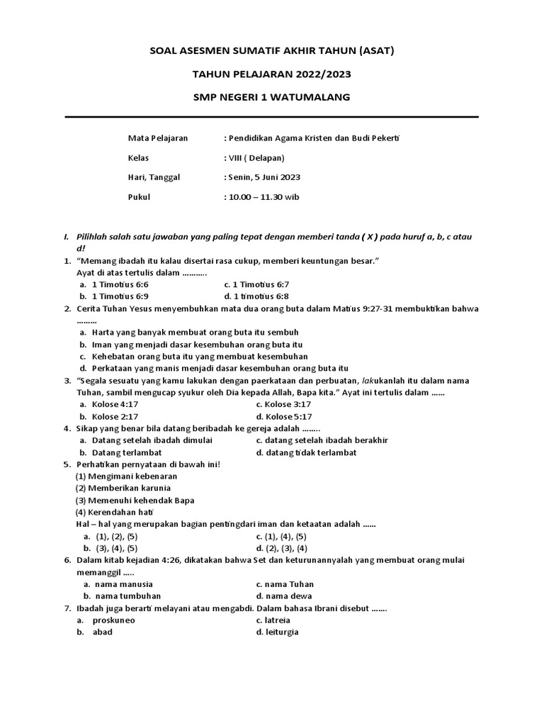 Soal Agama Kristen KLS 7 Dan 8 2023 | PDF