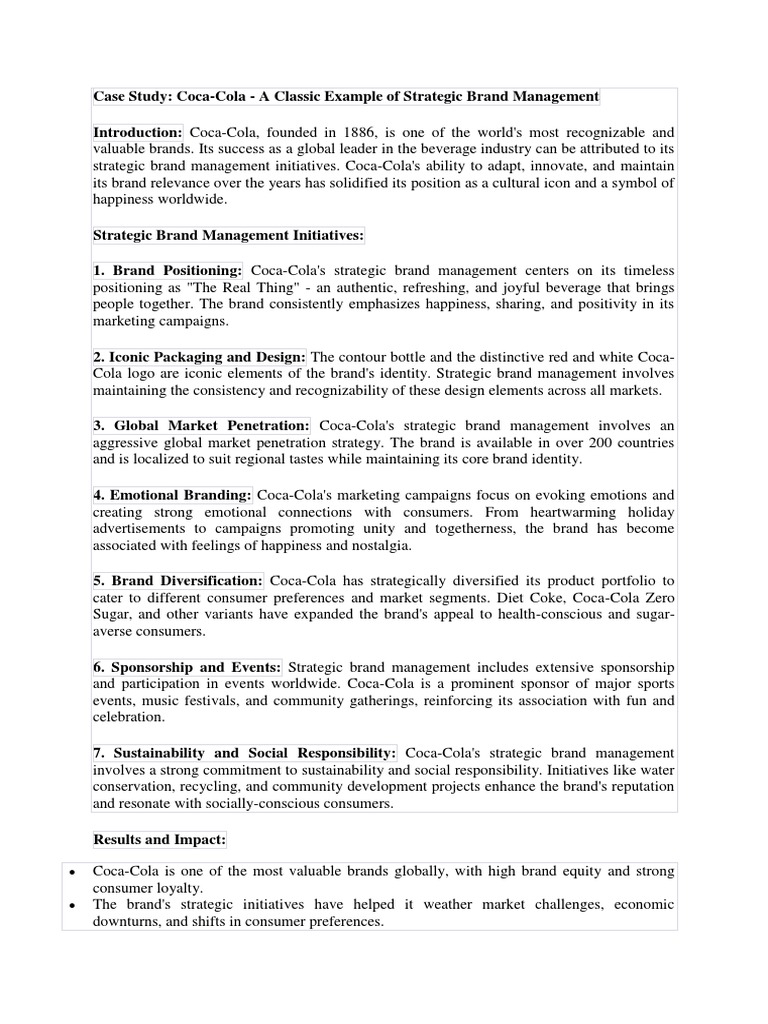 Case Study On Coco-Cola Strategic Brand Managemnt | PDF