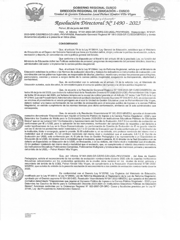 RD #1490 Nombramiento-Emitido Por La Ugel | PDF