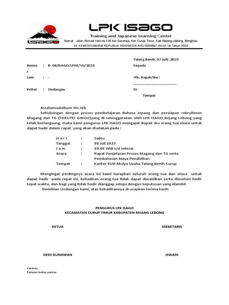 Undangan Rapat Pembahasan Biaya Pendidikan ISAGO Dan Orang Tua | PDF