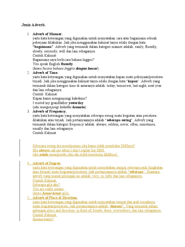 Jenis-Jenis Adverb dalam Bahasa Inggris | PDF | Kajian Bahasa Asing