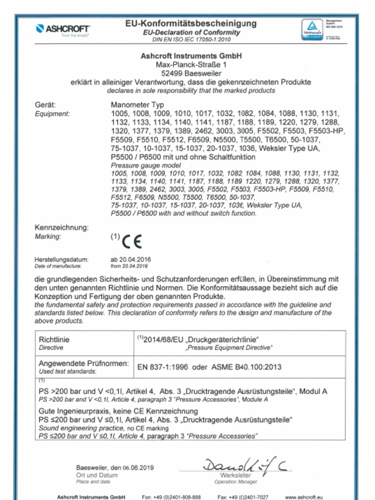 PED EU Declaration of Conformity Pressure Gauge DE EN | PDF
