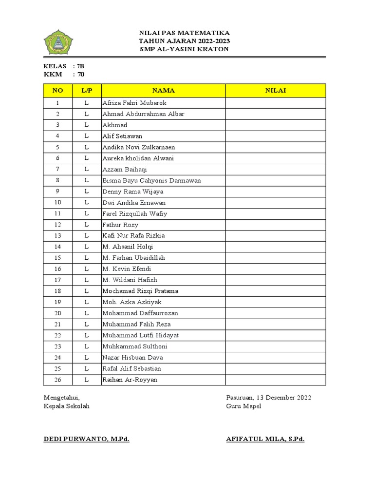 Form Nilai Pas Matematika 2022 | PDF