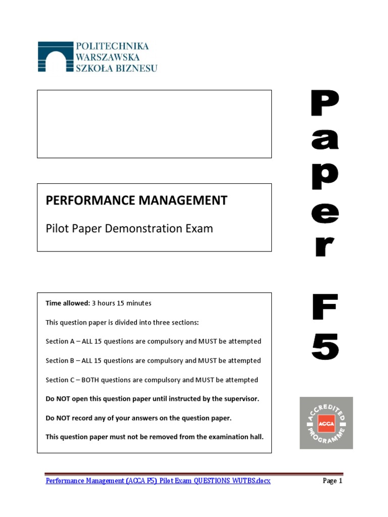 Performance Management Acca f5 Pilot Exam Questions Wutbs | PDF