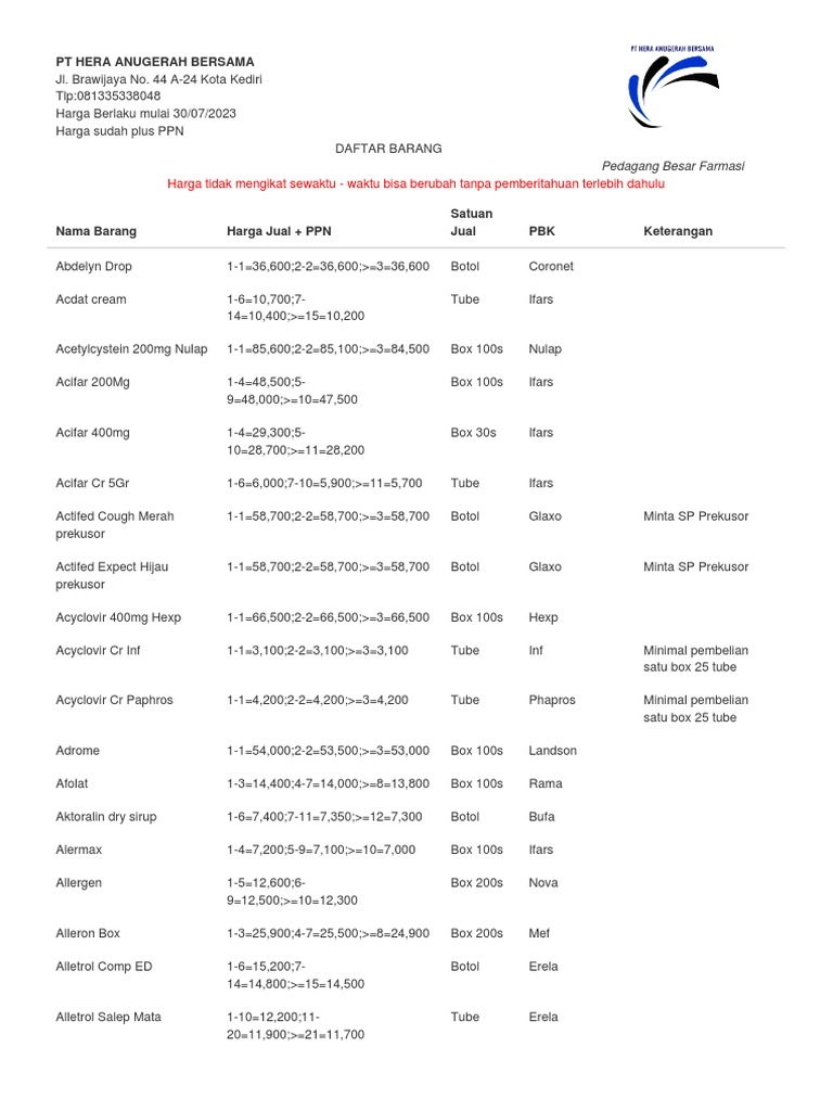 Daftar Harga Obat PT HERA Anugerah | PDF