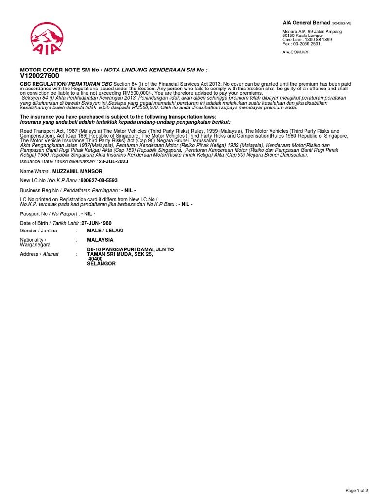 Motor Cover Note SM No / Nota Lindung Kenderaan SM No | PDF | Insurance ...