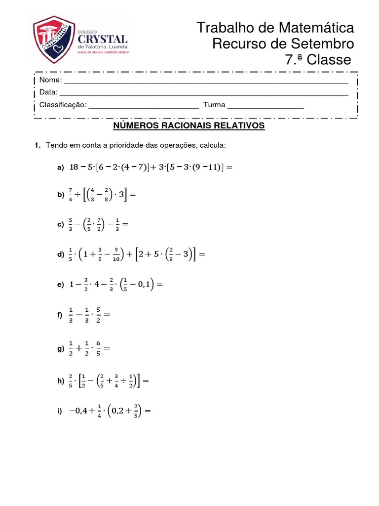 Exercicios Matemática 7 Classe. | PDF