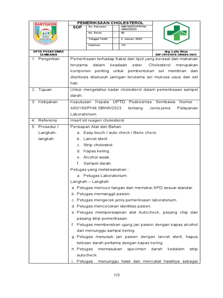 Sop Pemeriksaan Cholesterol Metode Chod-Pap | PDF