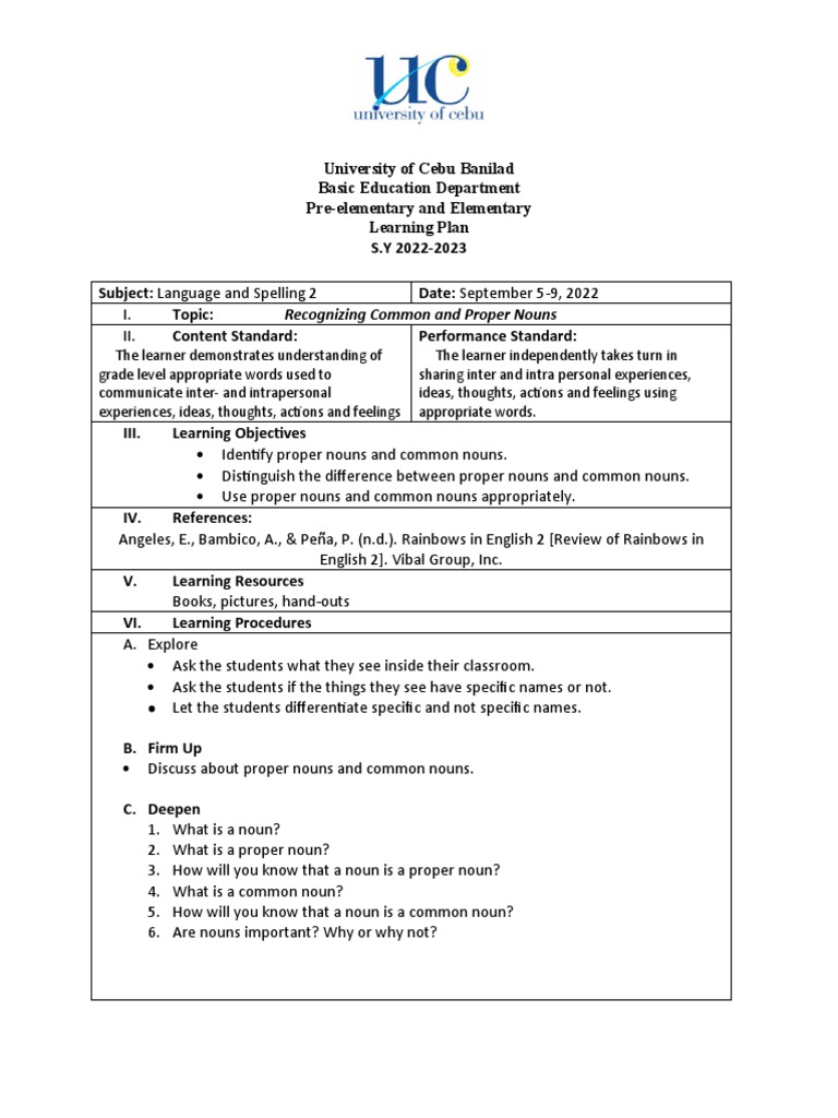 Common and Proper Nouns Lesson Plan | PDF | Learning | Noun