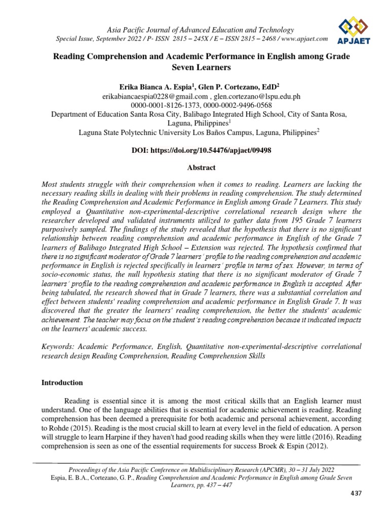 Reading Comprehension and Academic Performance in English Among Grade Seven Learners | PDF ...