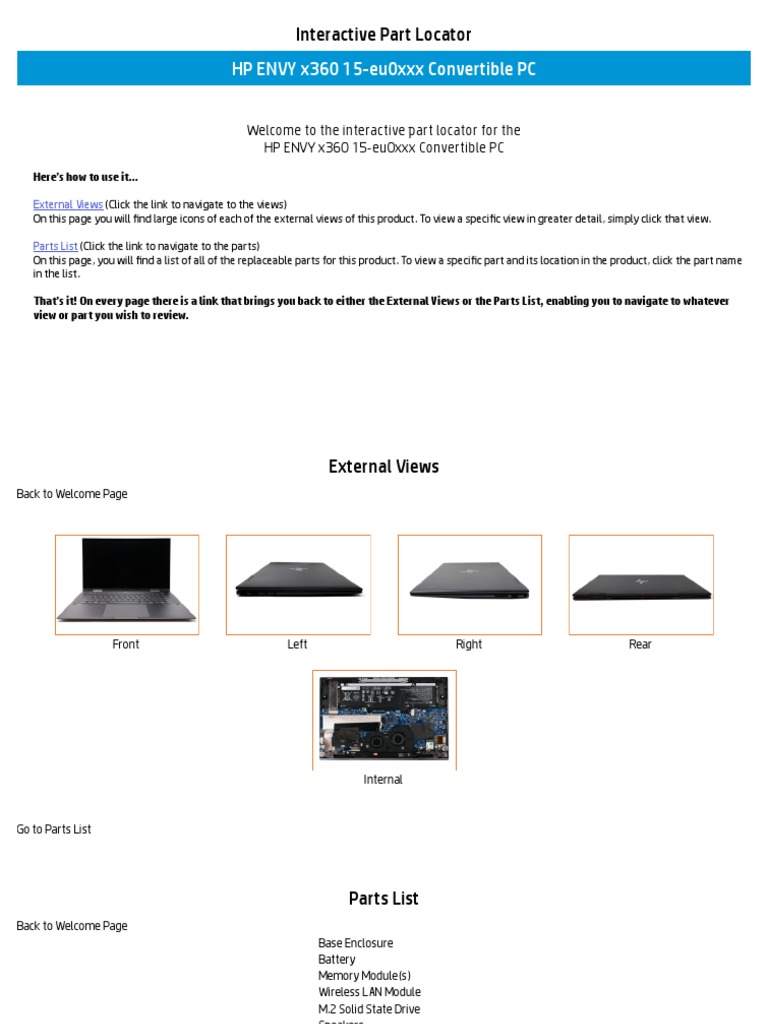 HP ENVY x360 15-Eu0xxx Convertible PC: Interactive Part Locator | PDF | Usb | Personal Computers
