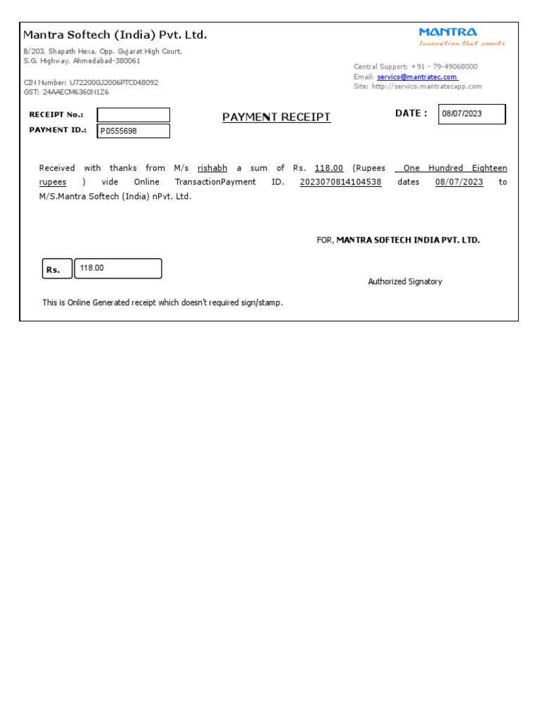 Mantra Softech Payment Receipt | PDF
