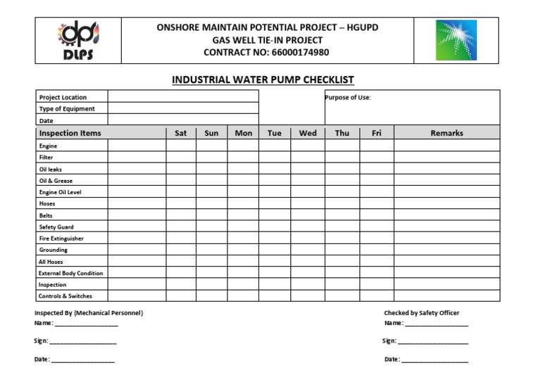 INDUSTRIAL WATER PUMP CHECKLIST (HYDRO) | PDF