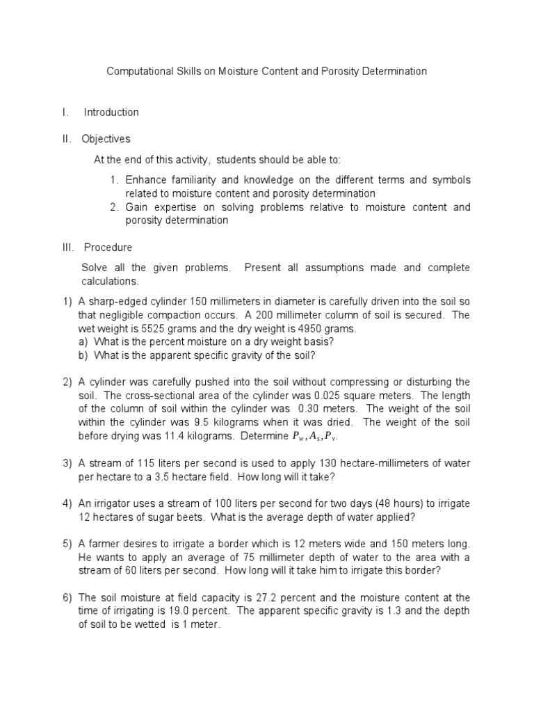 GroupSeatwork 1 Computational Skills On Moisture Content And Porosity