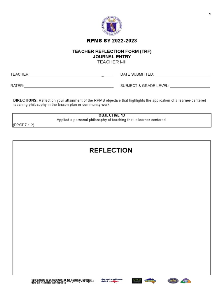 Teacher Reflection Form For T I III For RPMS SY 2022 2023 | PDF