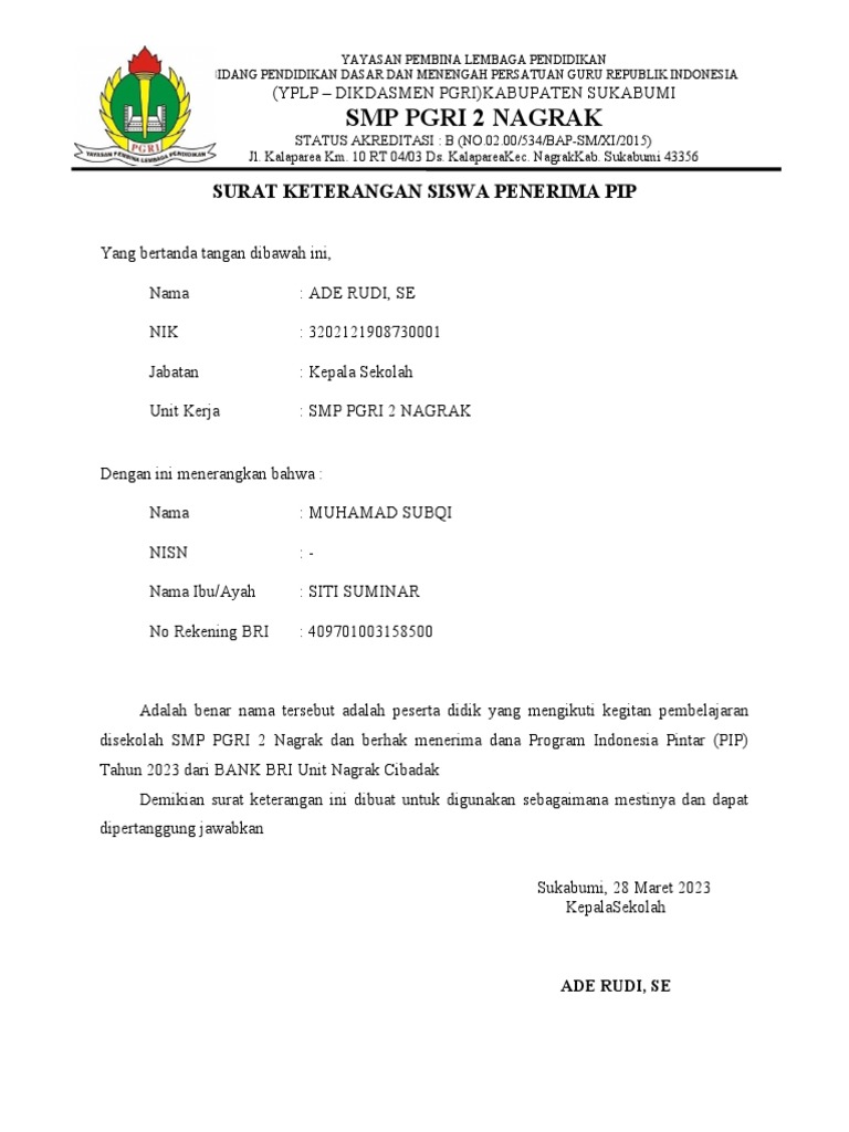Surat Keterangan PKH SMP 23 | PDF