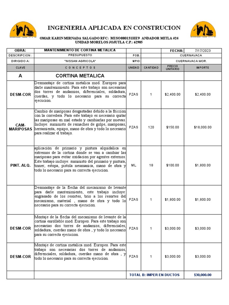Presu Mante Cortina Pdf Ingeniería Mecánica Procesos Industriales