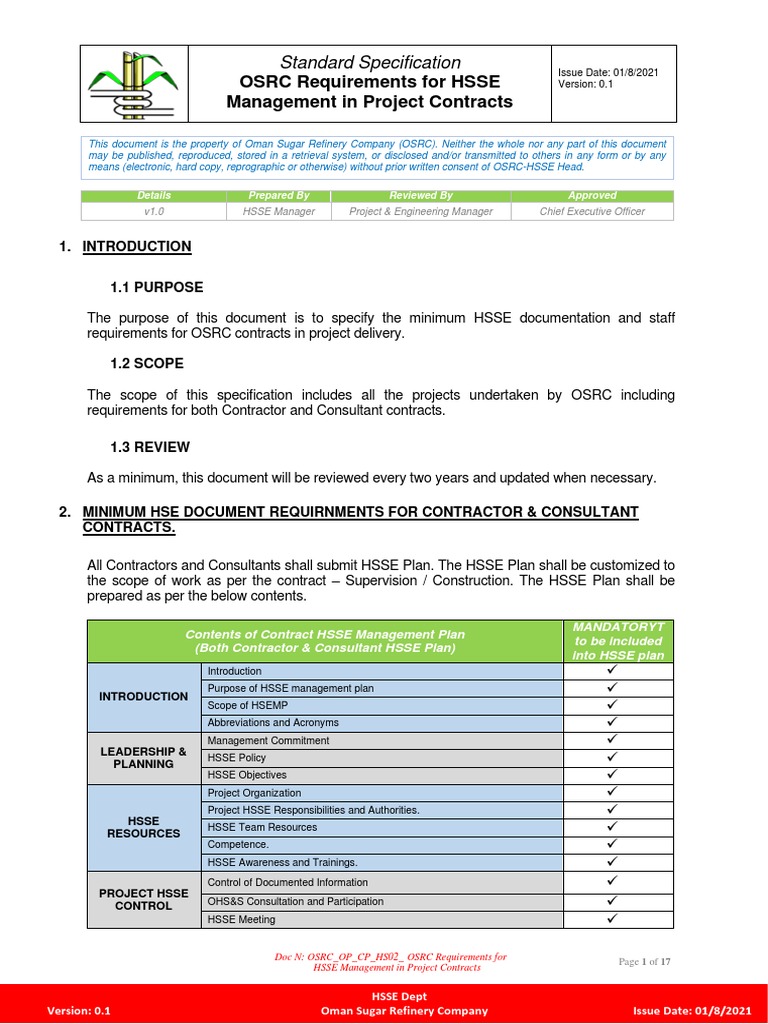 Requirements For HSSE Management in Project Contracts - V 0.1 | PDF
