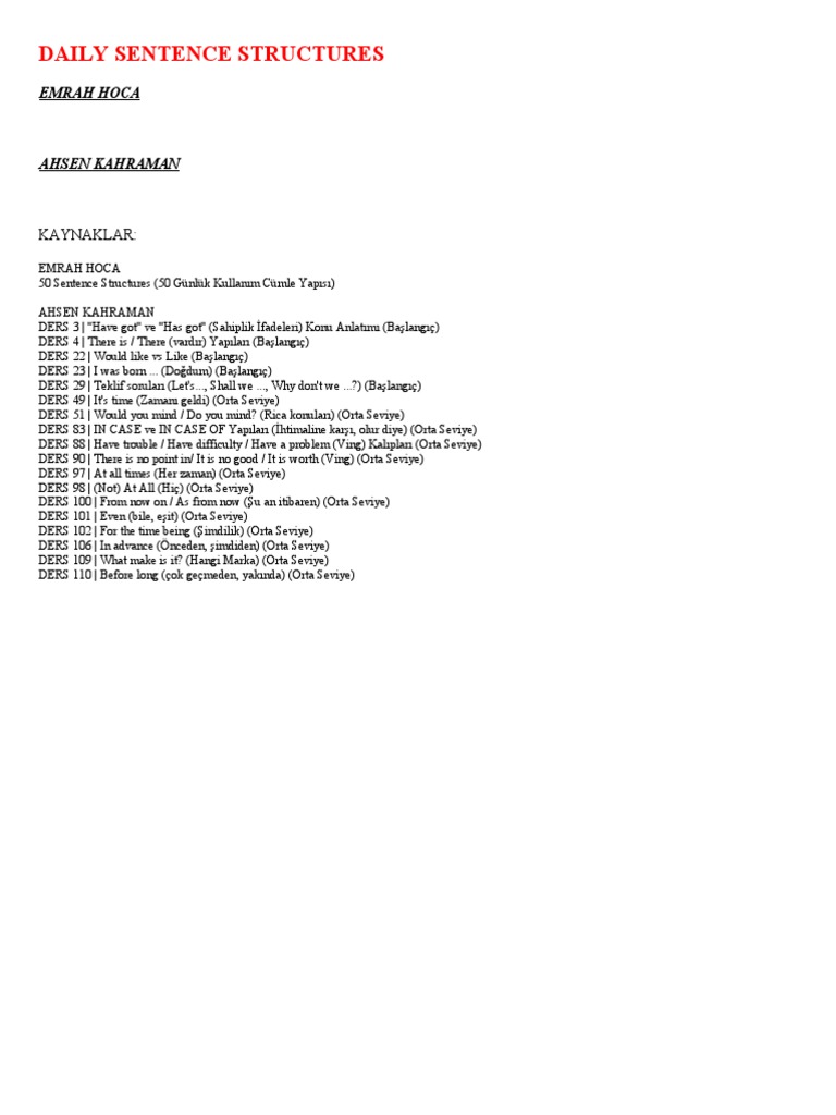Daily Sentence Structures | PDF