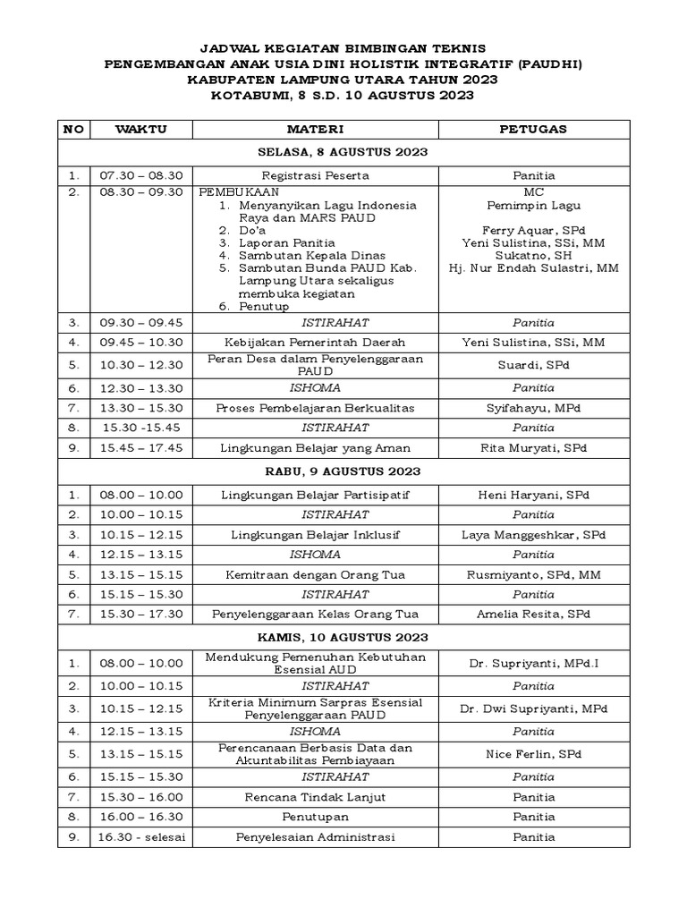 Jadwal Kegiatan Bimbingan Teknis | PDF