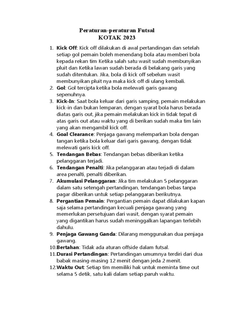 Peraturan Futsal Kotak 2023 | PDF