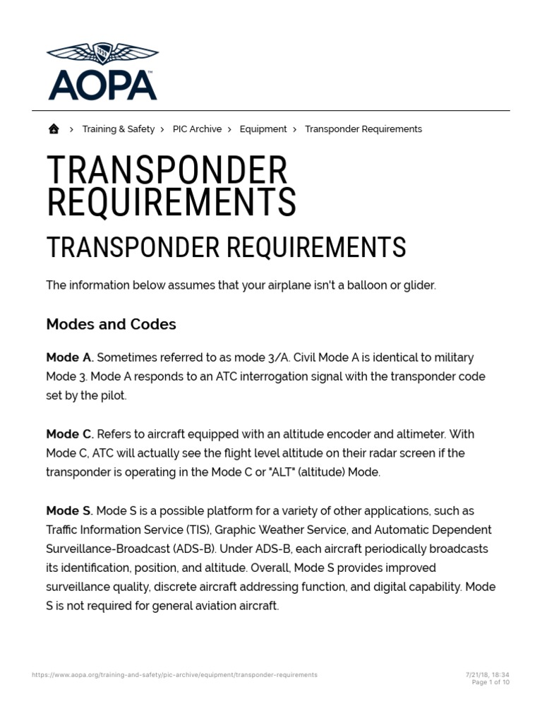 Transponder Requirements - AOPA | PDF