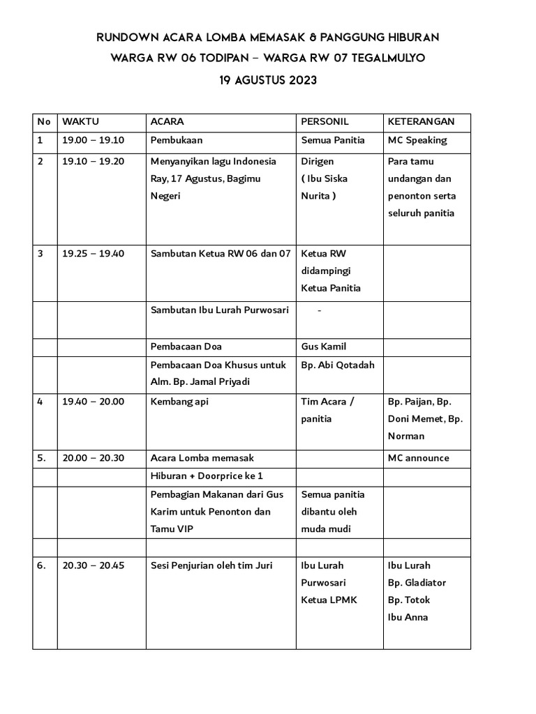 Rundown Acara Lomba Memasak | PDF