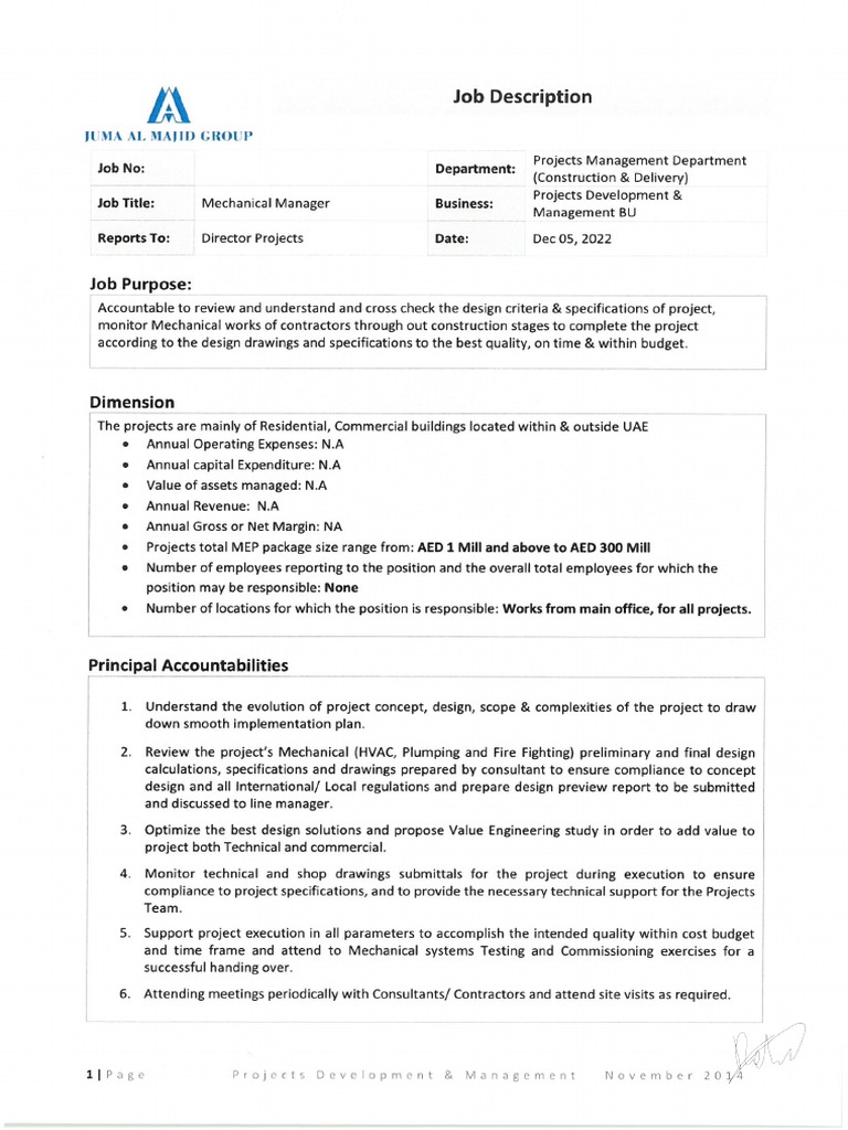Job Description - Mechanical Manager | PDF