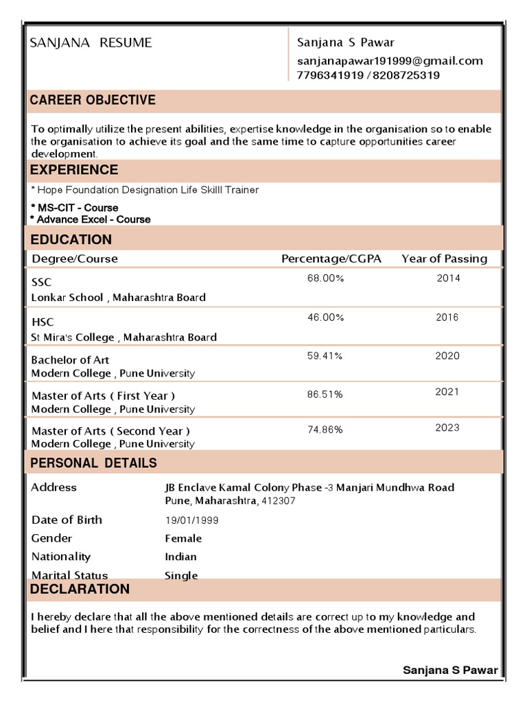 Sanjana Pawar Resume: Life Skills Trainer | PDF