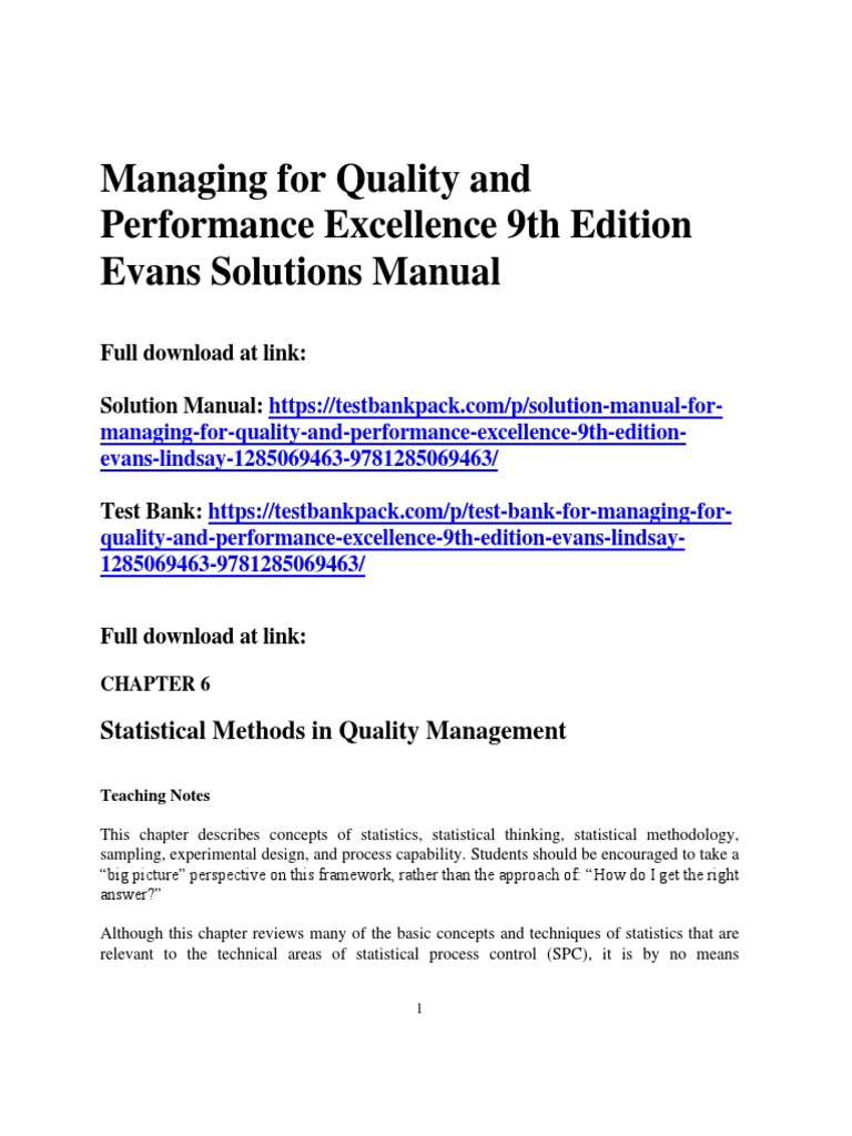 Managing For Quality and Performance Excellence 9th Edition Evans ...
