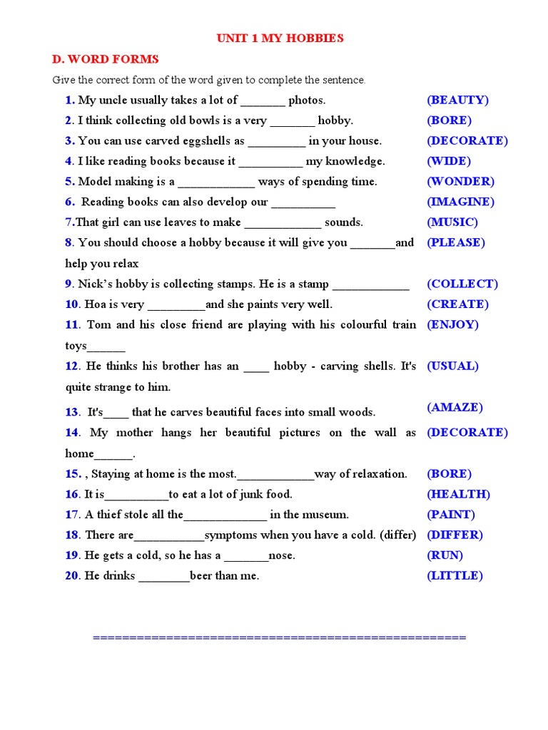 Bài Tập Anh 7 Theo Chuyên Đề 4. Word Form e7 (Unit 1-6) | PDF | Cooking ...
