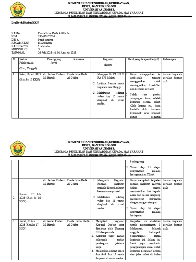 LogBook Harian KKN - Fiesta Putra Reifa Al Ghifar - Week 3 | PDF
