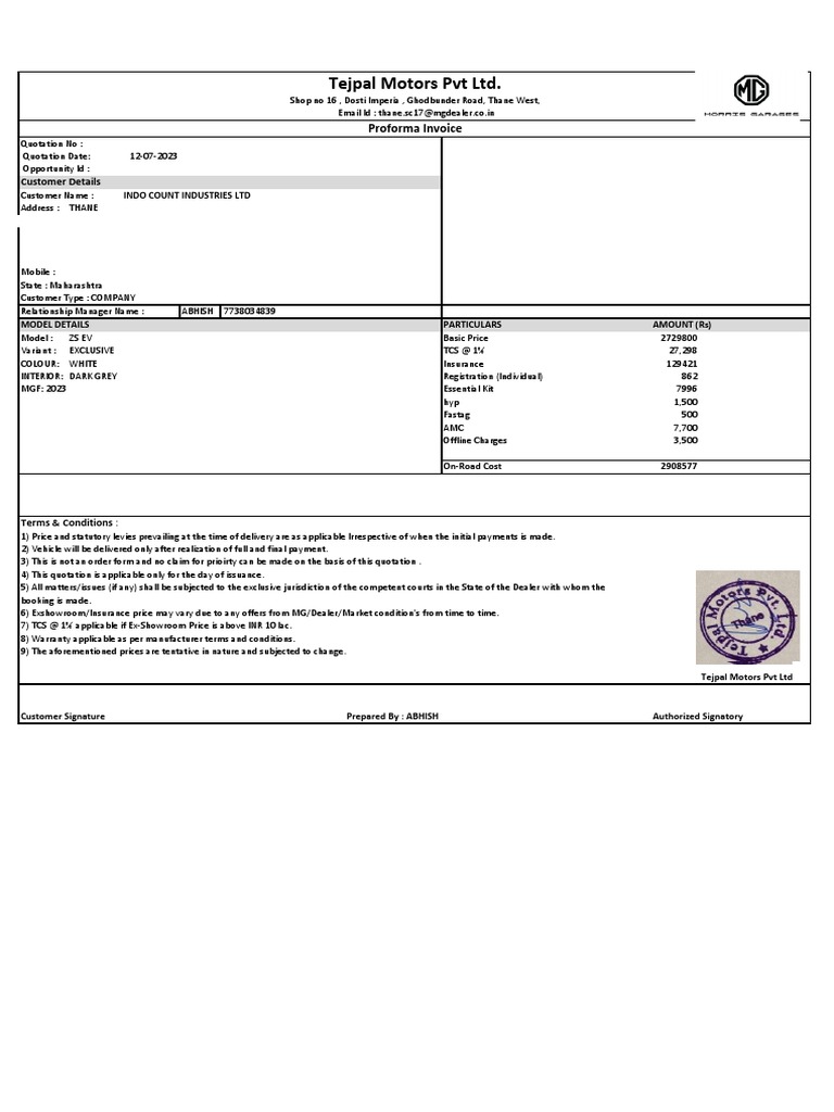 Proforma Invoice of Indo ZS Ev | PDF