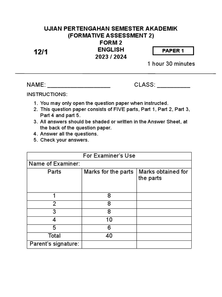 Tp1517 - 2 Set Modul Pentaksiran Bahasa Inggeris Tingkatan 2 Upsa Sesi 2023202410 | PDF