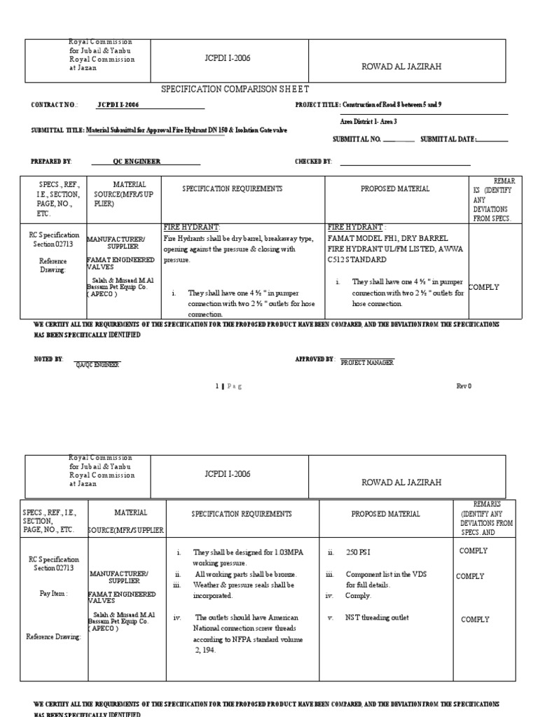2) Filled COMPARISON SHEET FOR FIRE HYDRANTS Updated For Rev.01 | PDF ...
