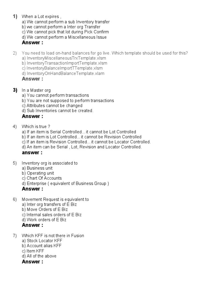 Fusion Inventory Question | Download Free PDF | Inventory | Warehouse