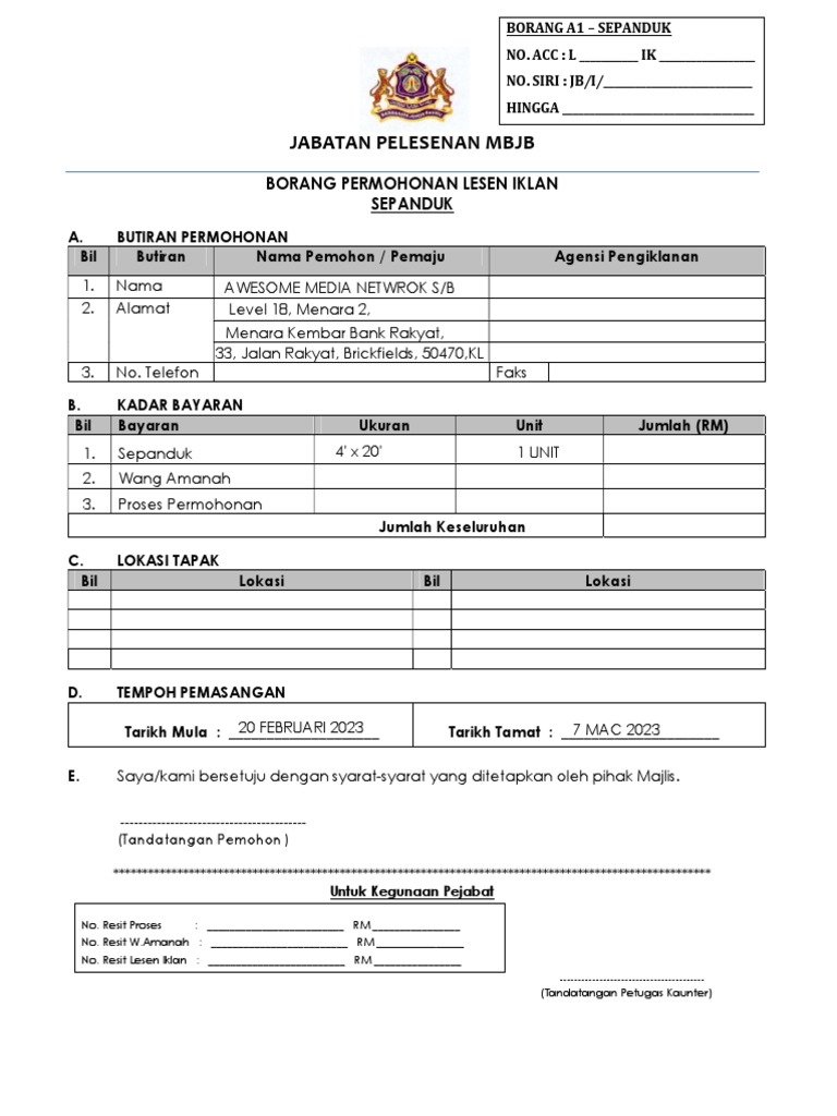 Borang-Sepanduk (1) MBJB - KMA JOHOR | PDF