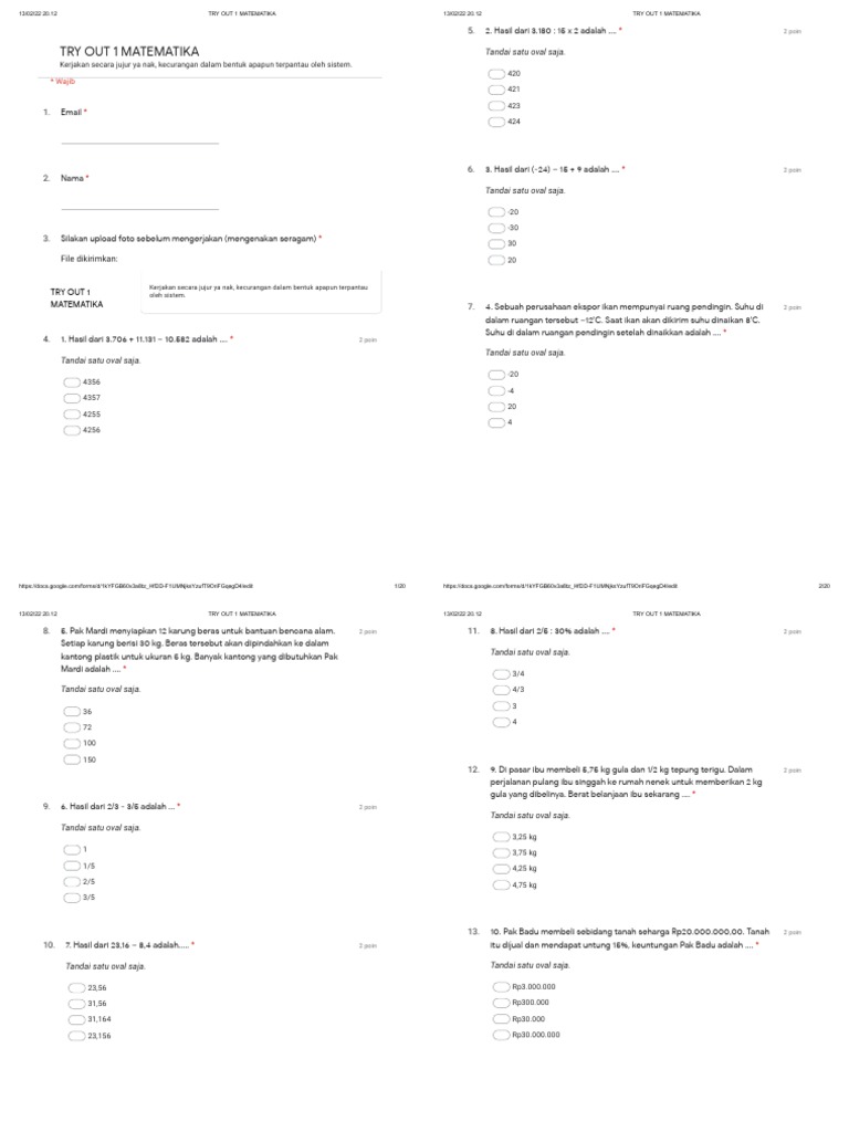 Try Out MTK 1 - Google Formulir | PDF