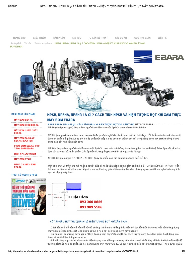 Npsh, Npsha, Npshr Là Gì - Cách Tính Npsh Và Hiện Tượng Bọt Khí Xâm Thực Máy Bơm Ebara | PDF