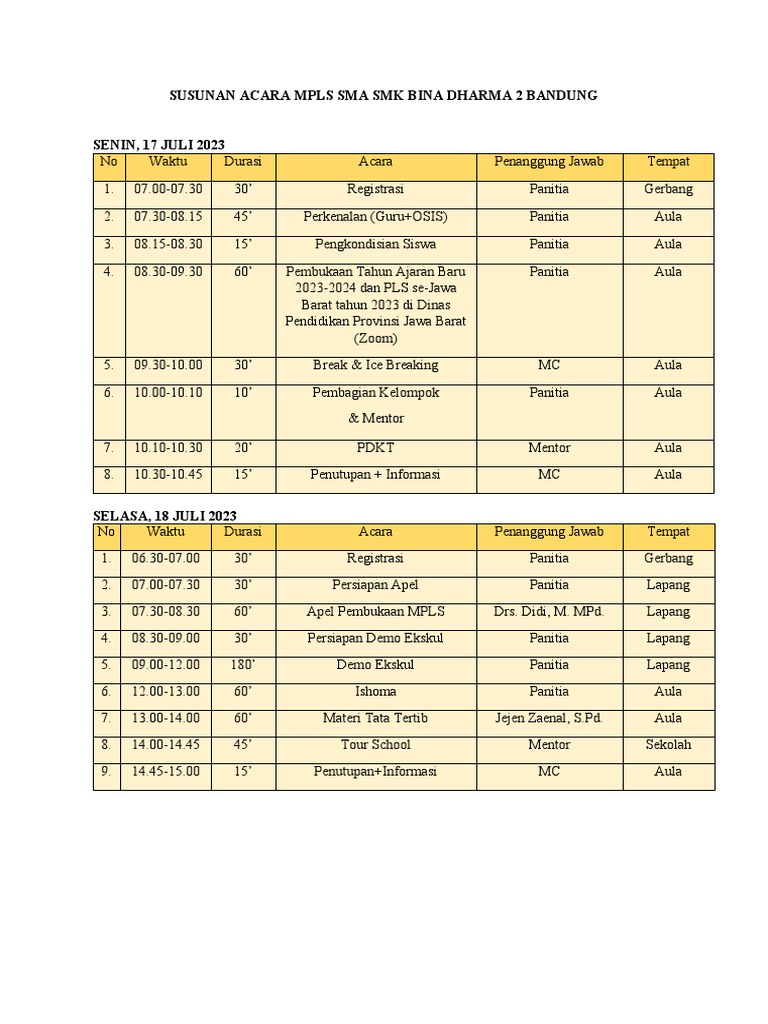 Rundown Acara MPLS Sma SMK Bina Dharma 2324 | PDF