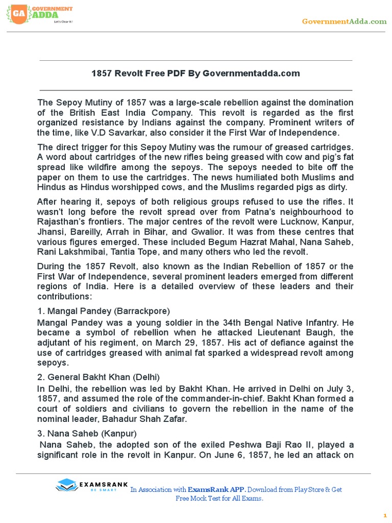 Key Leaders of the 1857 Revolt | PDF | Indian Rebellion Of 1857 ...