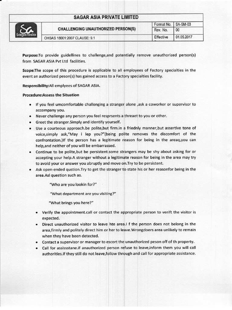 Unauthorized Entry Procedure | PDF