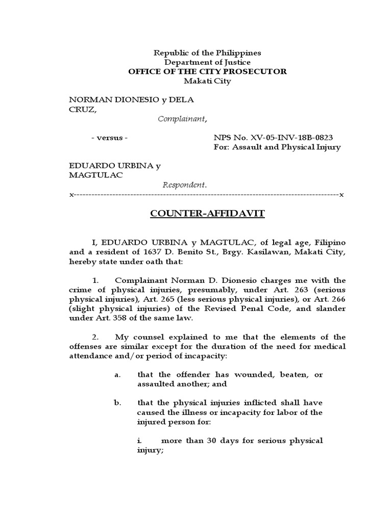 Counter Affidavit - Urbina | PDF | Assault | Affidavit