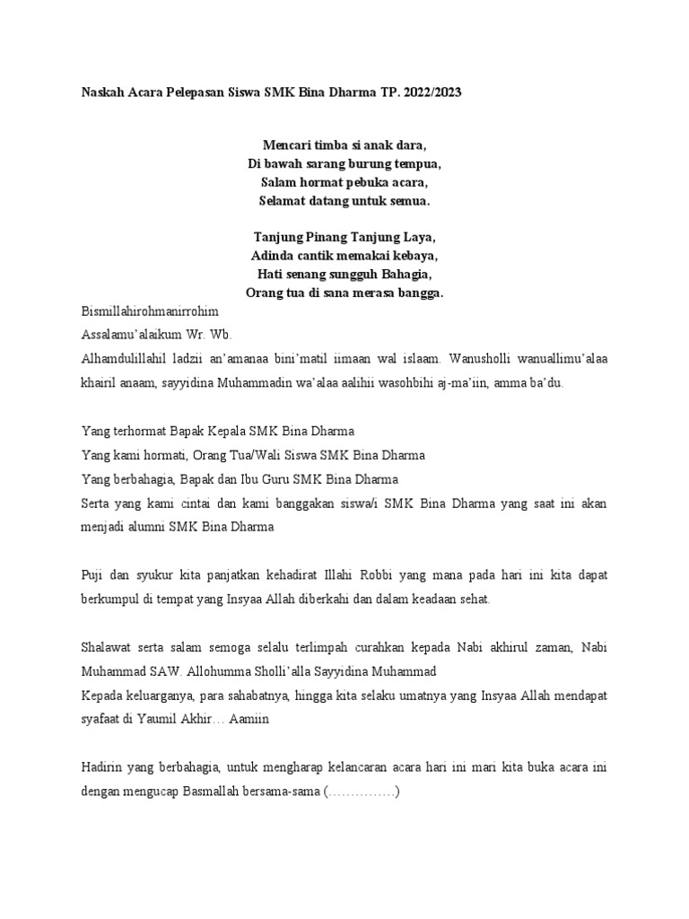 Naskah Acara Pelepasan Siswa SMK Bina Dharma | PDF | Griya & Taman | Agama & Spiritualitas
