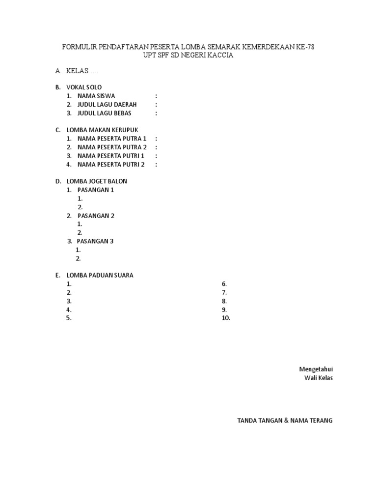 Formulir Pendaftaran Peserta Lomba Semarak Kemerdekaan Ke | PDF | Sains & Matematika