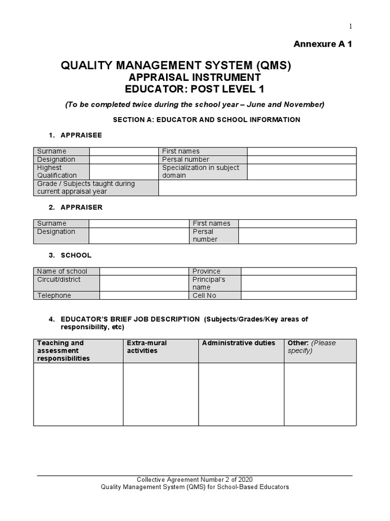QMS Appraisal Instrument For PL1 | PDF