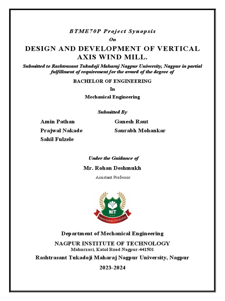 Vertical Axis Wind Mill Cover Page | PDF