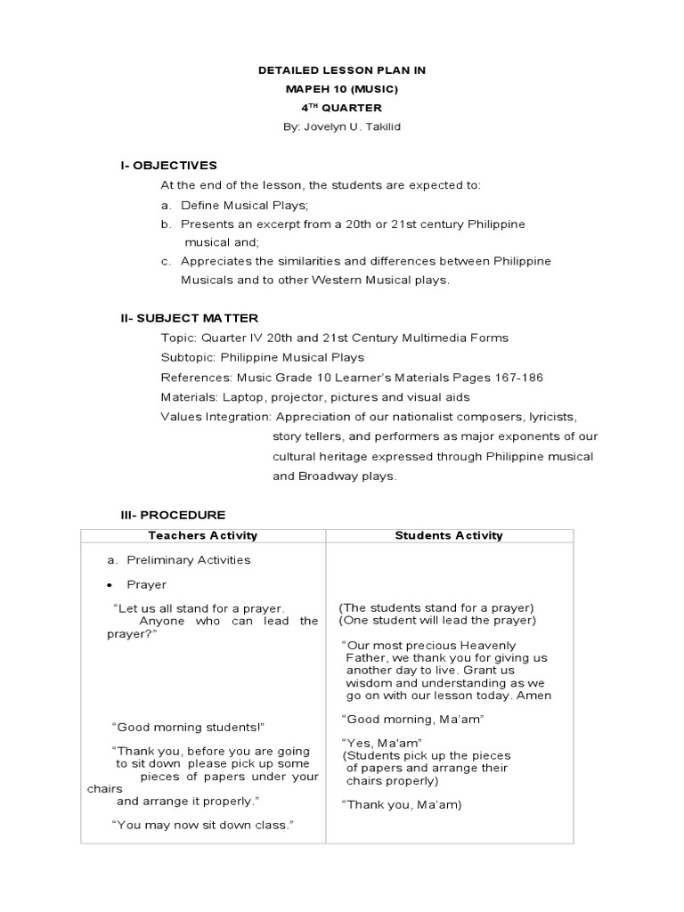 Musical Play Detailed Lesson Plan | PDF