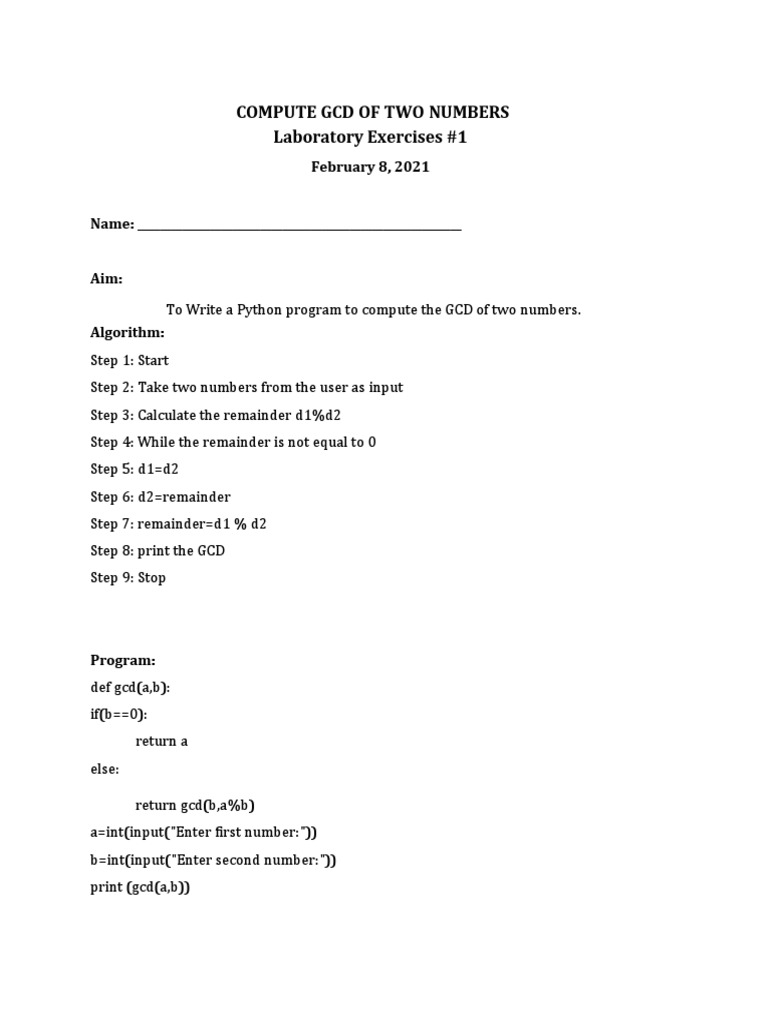 Lab Exercises #1. COMPUTE GCD OF TWO NUMBERS | PDF Lab Exercises #1. COMPUTE GCD OF TWO NUMBERS | PDF